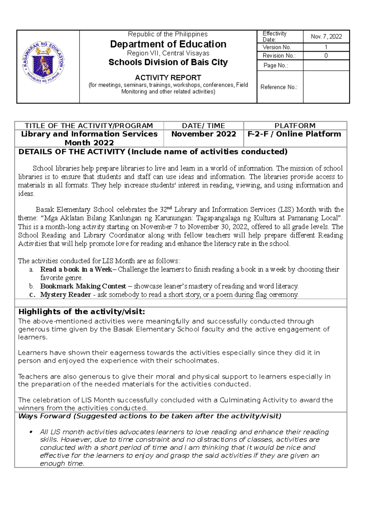 Activity Report - Republic of the Philippines Department of Education ...