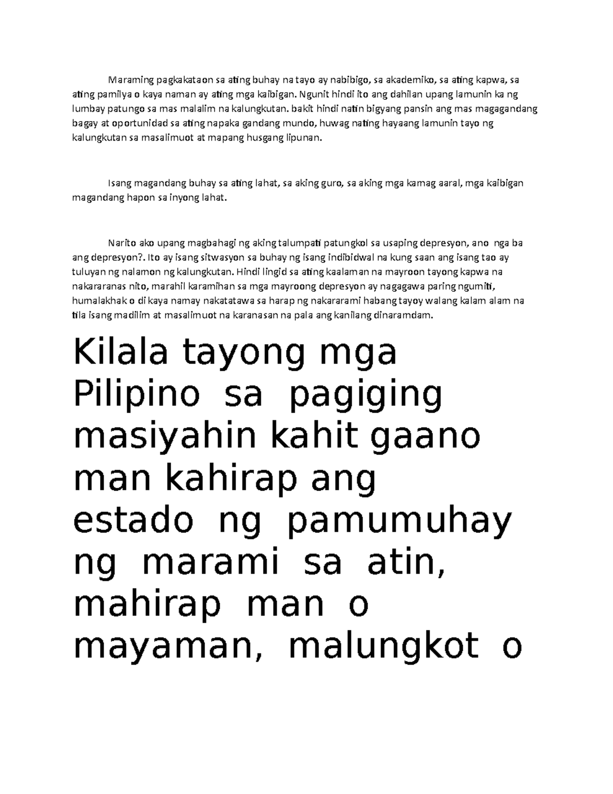 Talumpati depresyon - ating pamilya o kaya naman ay ating mga kaibigan ...