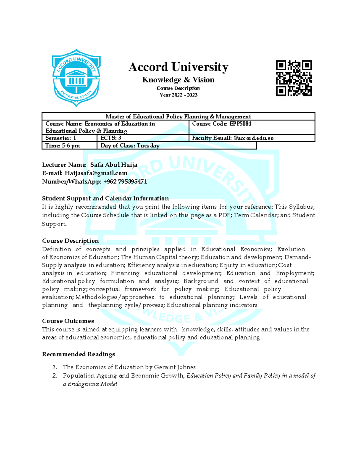 Course Description Economics of Education - Accord University Knowledge ...