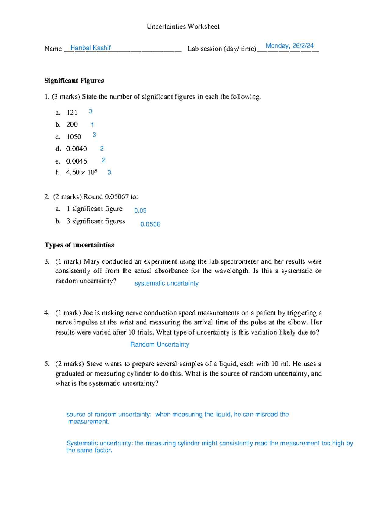 Biophysics uncertainty - Uncertainties Worksheet Name ...