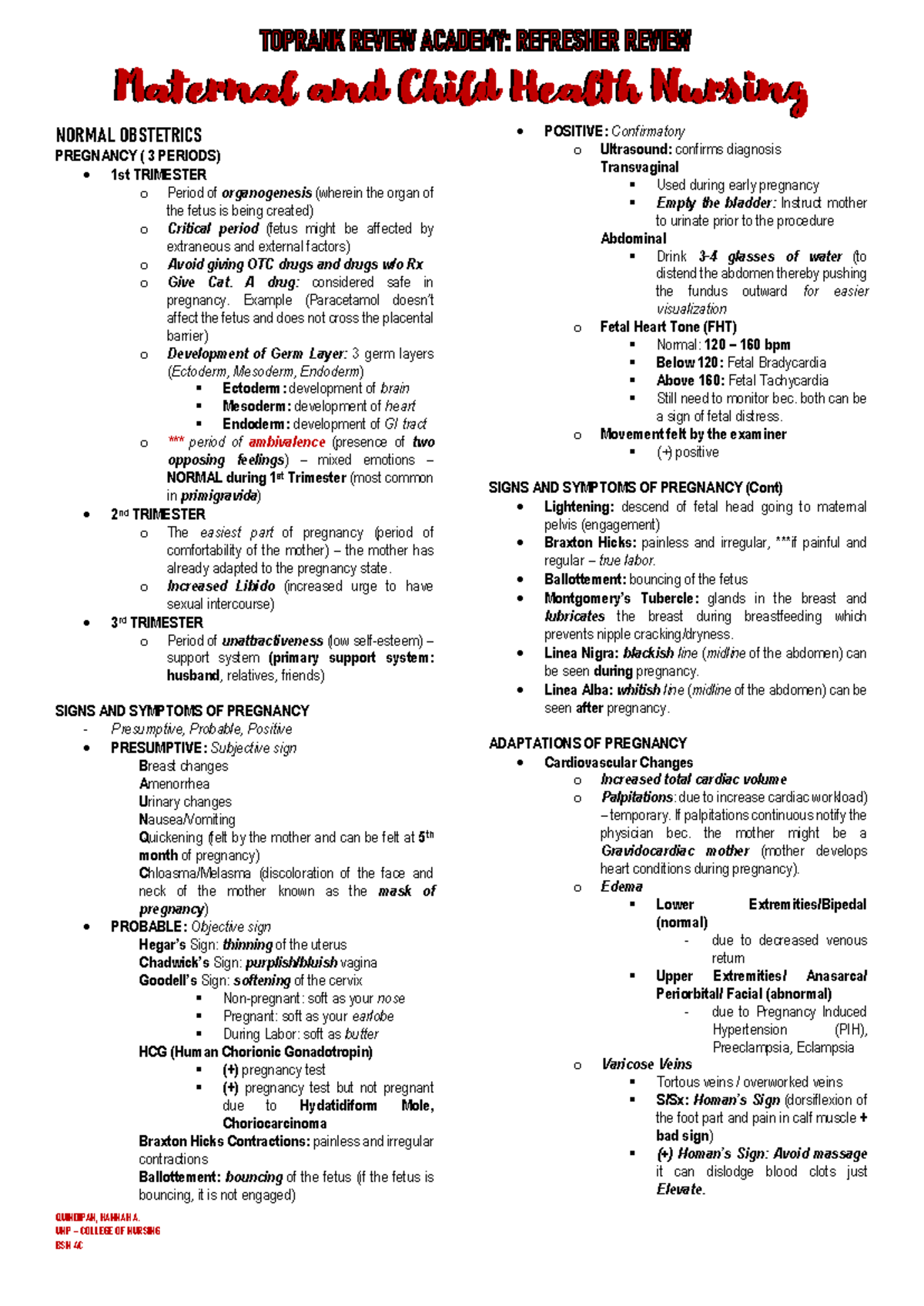 Normal Obstetrics pdf - QUINDIPAN, HANNAH A. UNP – COLLEGE OF NURSING ...