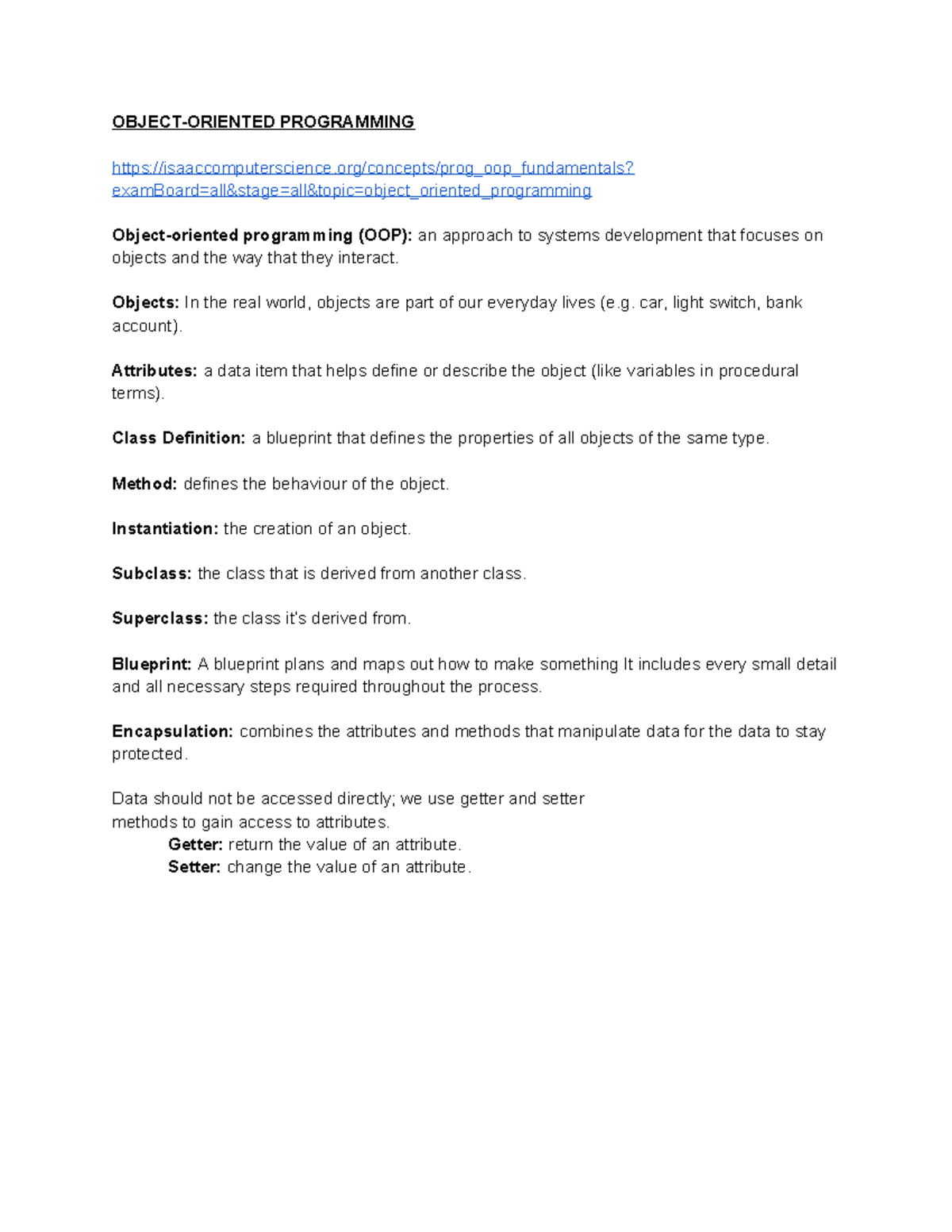 OOP notes year 12 - OBJECT-ORIENTED PROGRAMMING isaaccomputerscience ...