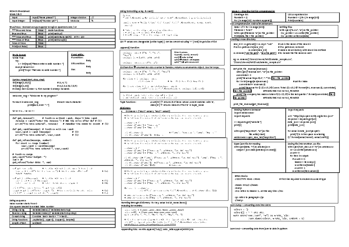 BC0401 Cheatsheet copy - BC0401 Cheatsheet Week 1 & 2 Input Input(