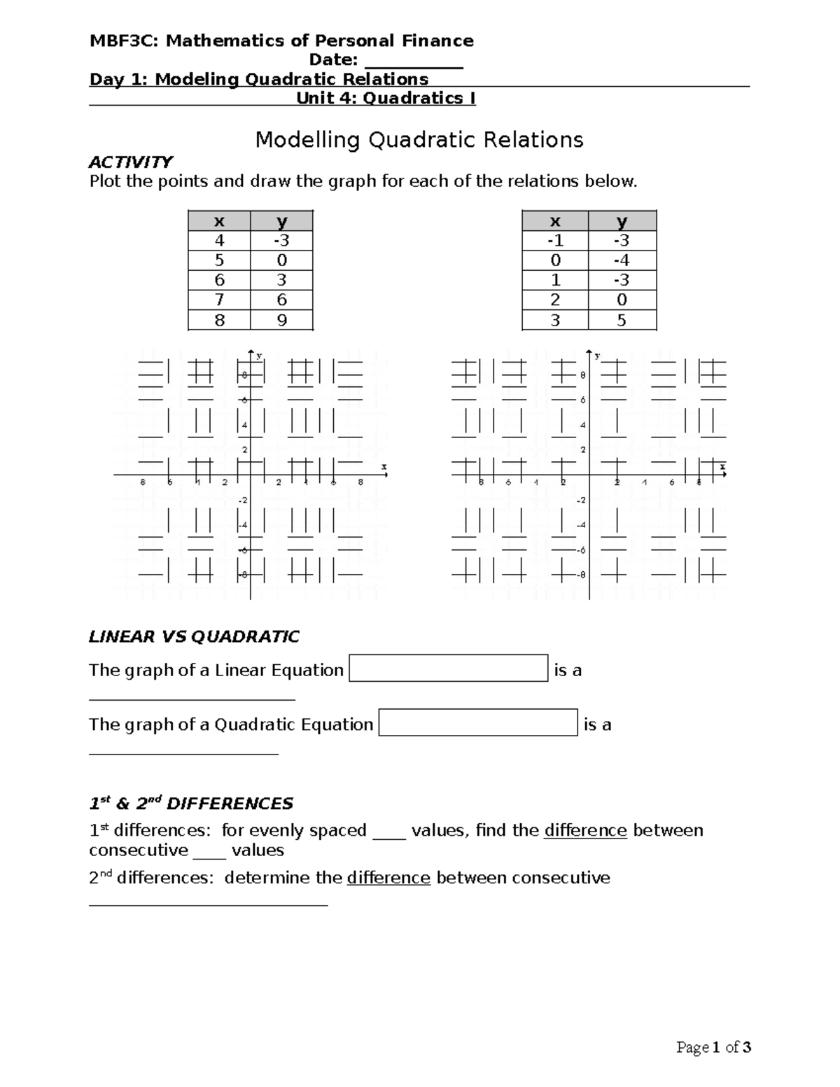 1 - modelling quadratic relations handout - MBF3C: Mathematics of ...