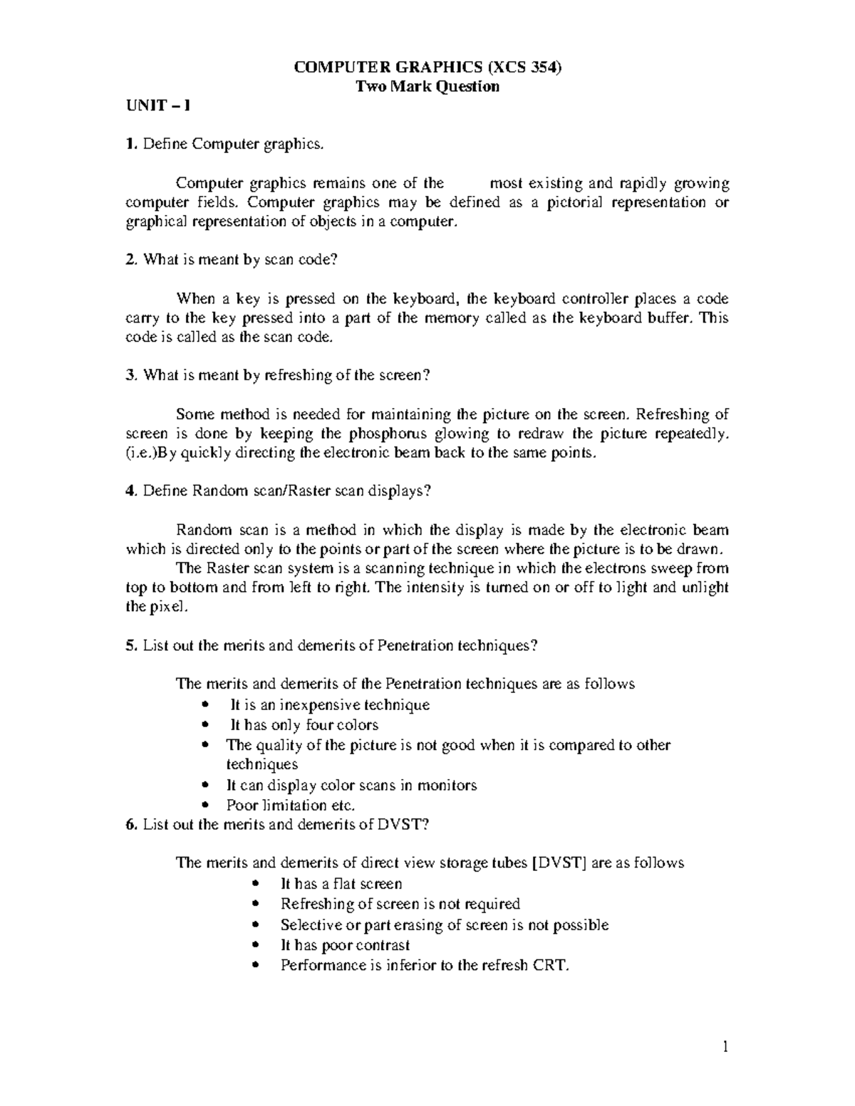 CG Ques and Ans - COMPUTER GRAPHICS (XCS 354) Two Mark Question UNIT ...