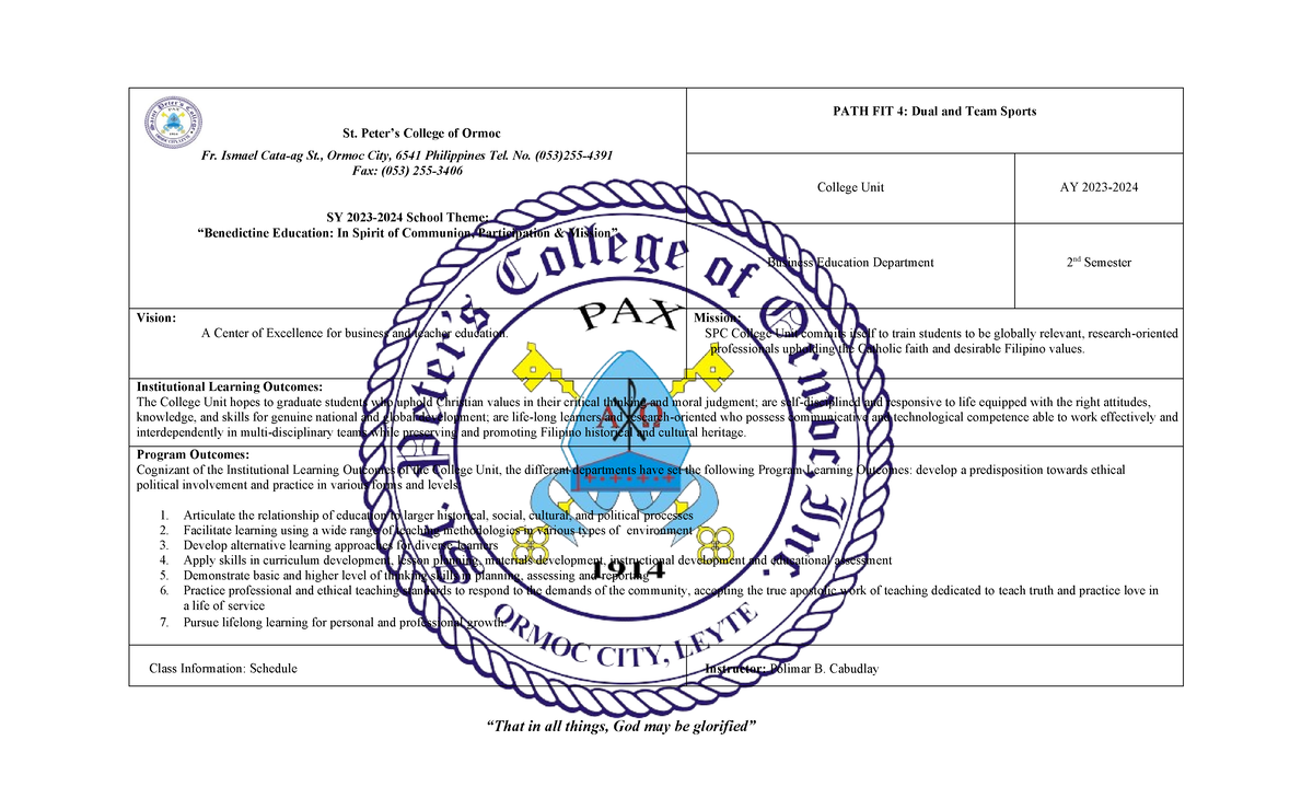 PATH FIT 4 Syllabus (Buiness Education Department) - St. Peter’s ...