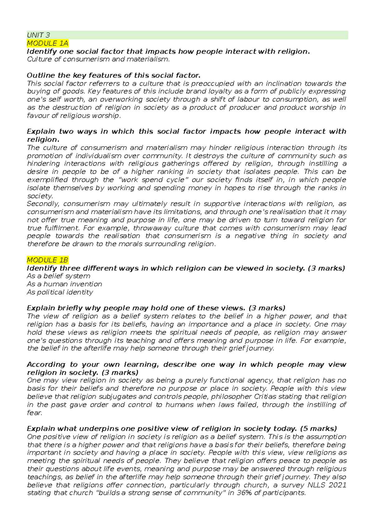 Religion Module Notes - comprehensive guide to answering each question ...