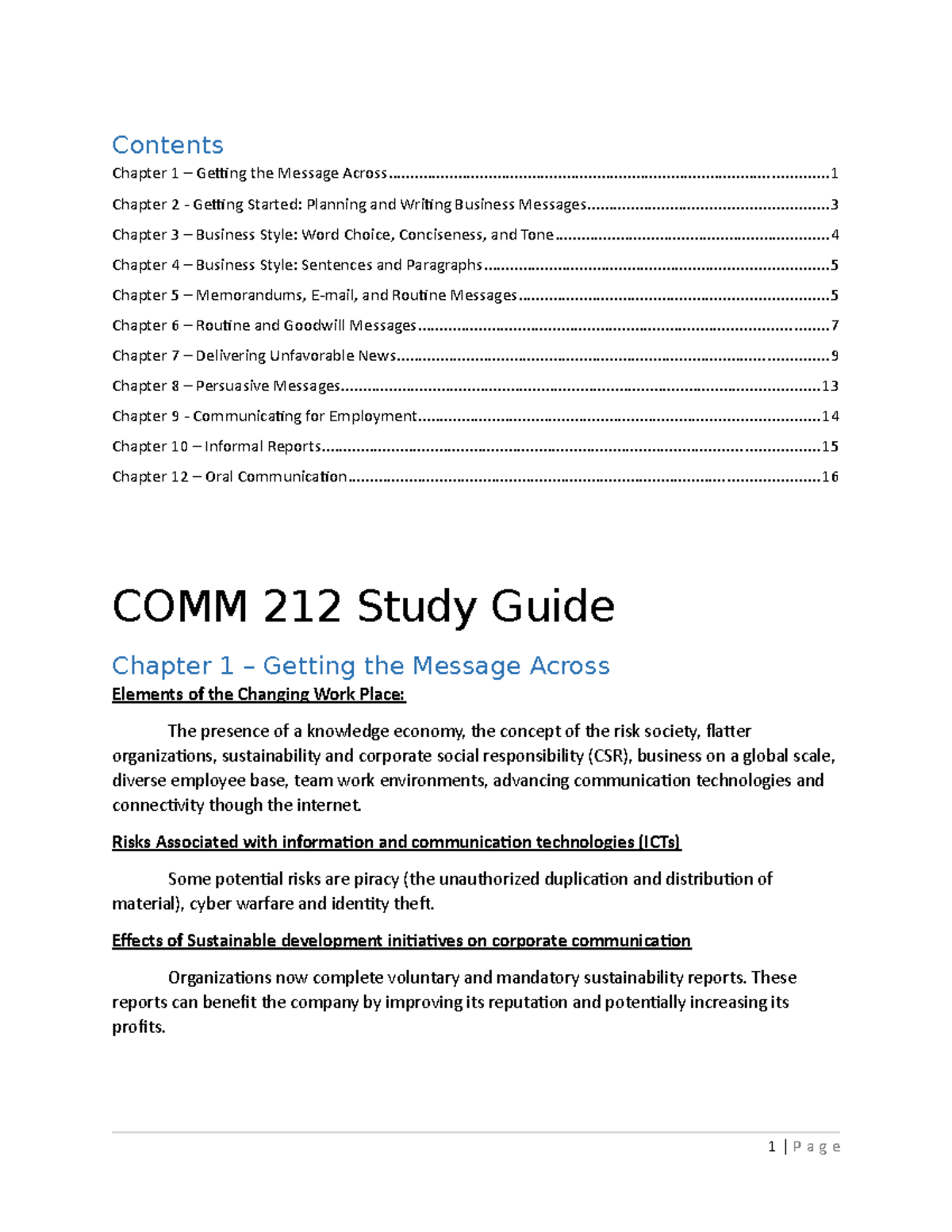 COMM 212 Study Guide - Contents Chapter 1 – Getting the Message - Studocu