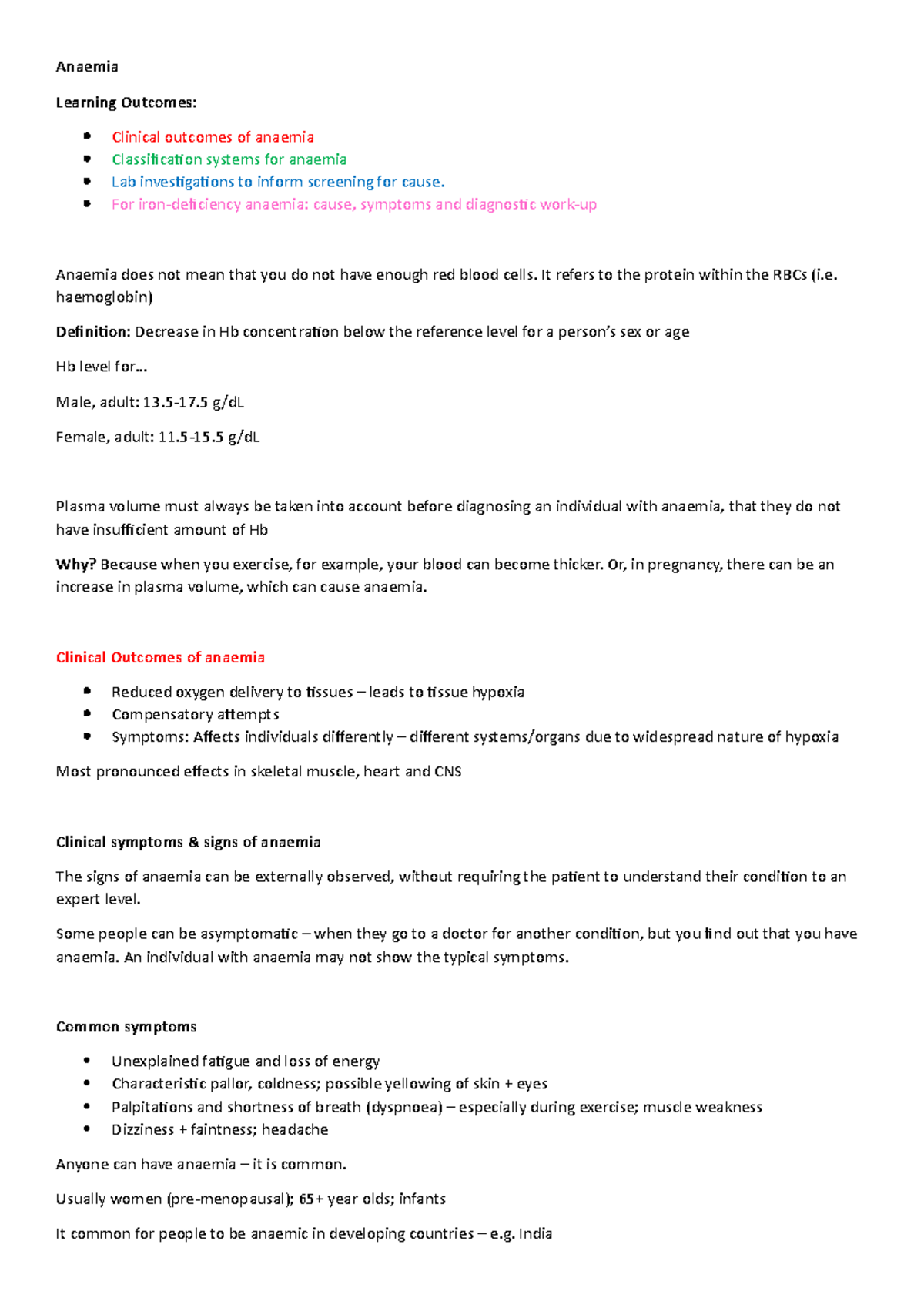 Anaemia - Lecture notes 1-4 - Anaemia Learning Outcomes: Clinical ...