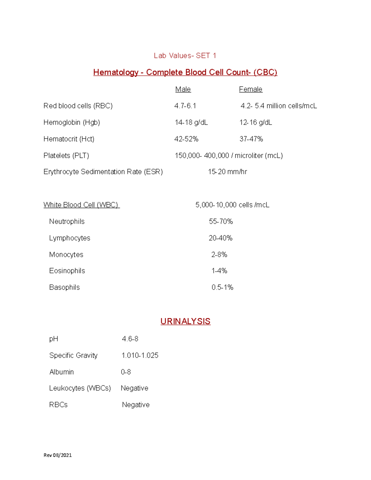 All lab values - LAvs - Lab Values- SET 1 Hematology - Complete Blood ...