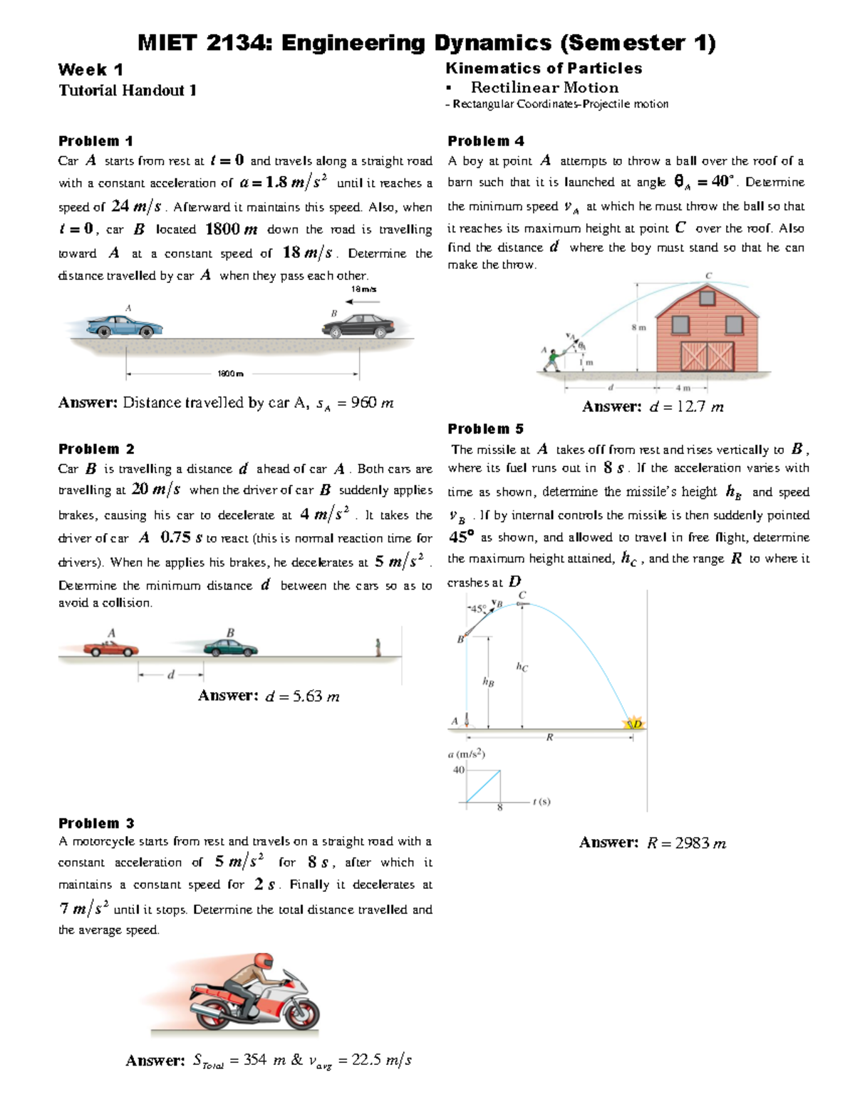 MIET 2134 Tutorial Week 1 - MIET 2134: Engineering Dynamics (Semester 1) Week 1 Tutorial Handout ...