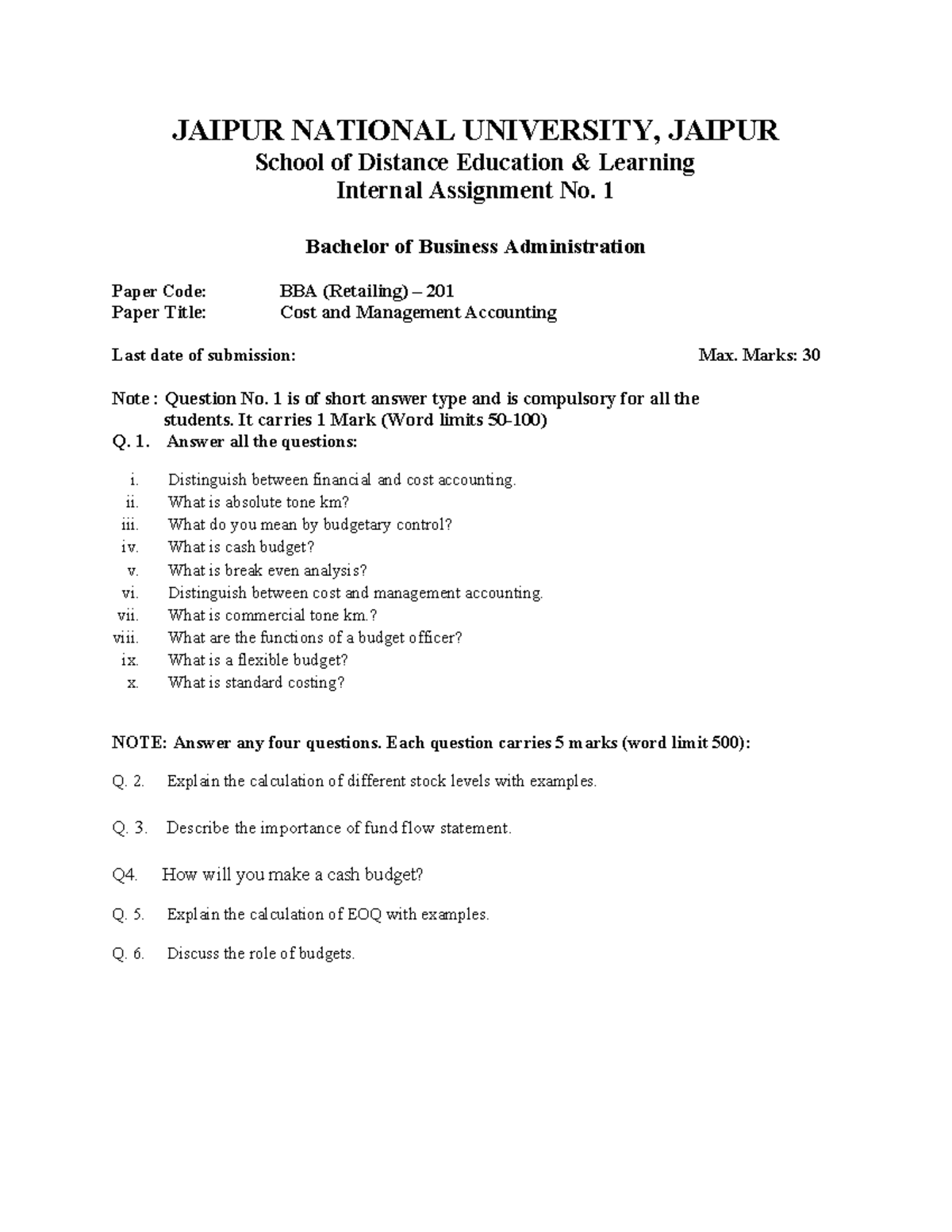 BBA II YEAR Assignment Question Papers - School of Distance Education ...