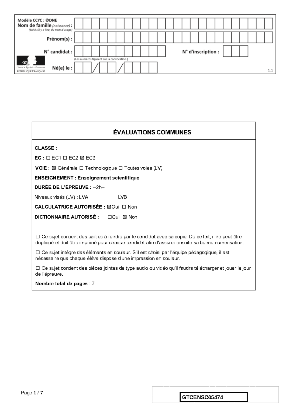 E3c enseignement scientifique terminale 05474 sujet officiel - Page 1 / ...