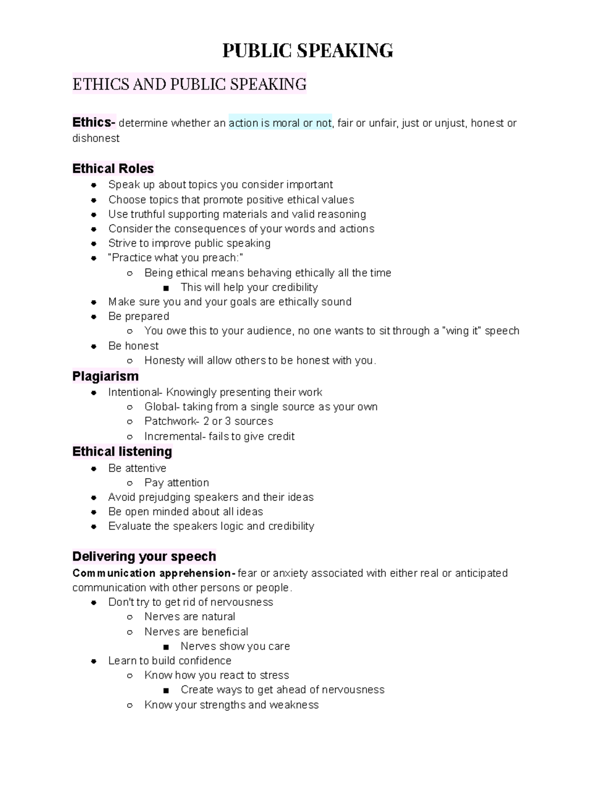 Speech- NOTES - PUBLIC SPEAKING ETHICS AND PUBLIC SPEAKING Ethics ...