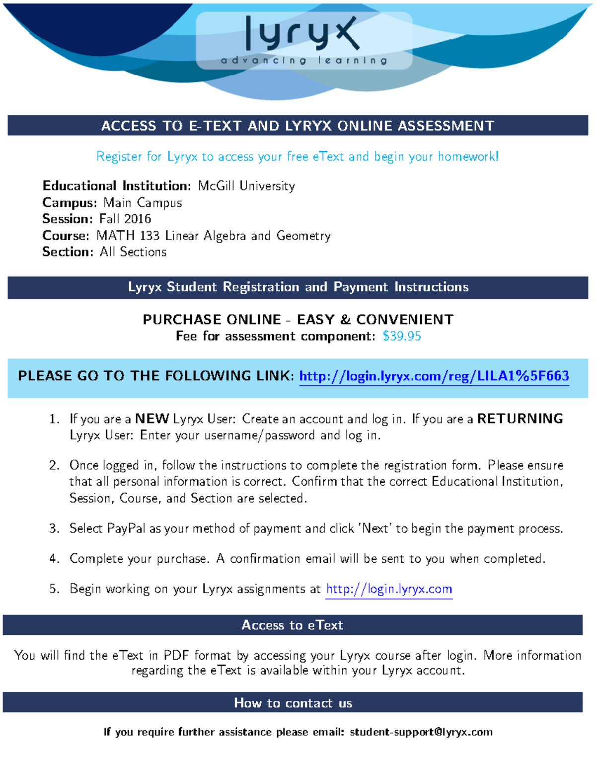 Lyryx Registration - practice/exam - ACCESS TO E-TEXT AND LYRYX ONLINE ASSESSMENT Register for ...