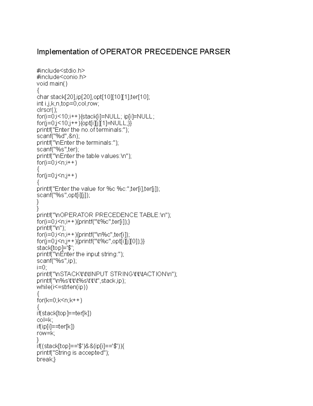 Operator Precedance Parsing Implementation Of Operator Precedence
