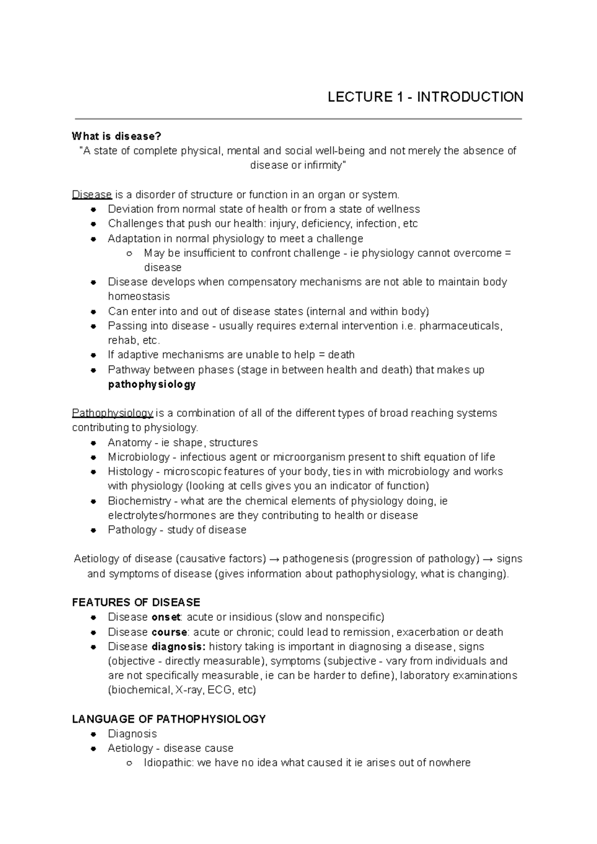 Human Pathophysiology Summary - LECTURE 1 - INTRODUCTION What is ...