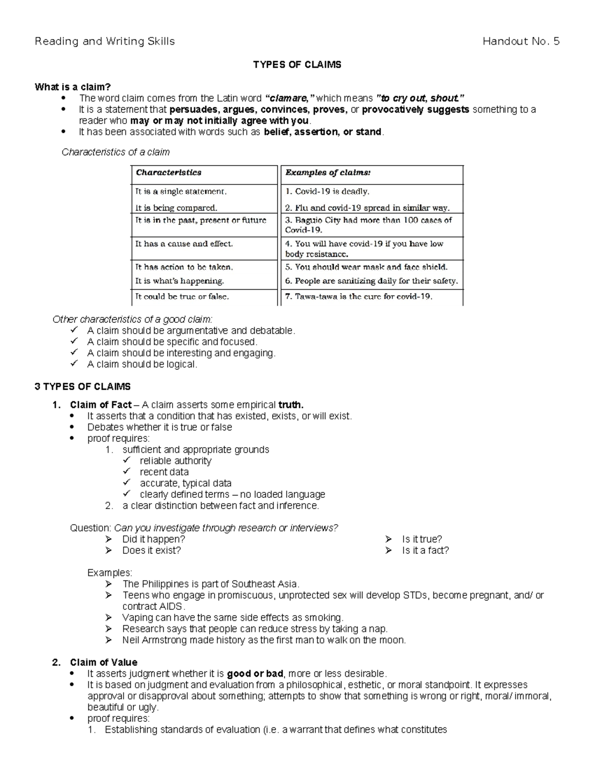 Types OF Claims - Reading and Writing Skills Handout No. 5 TYPES OF ...