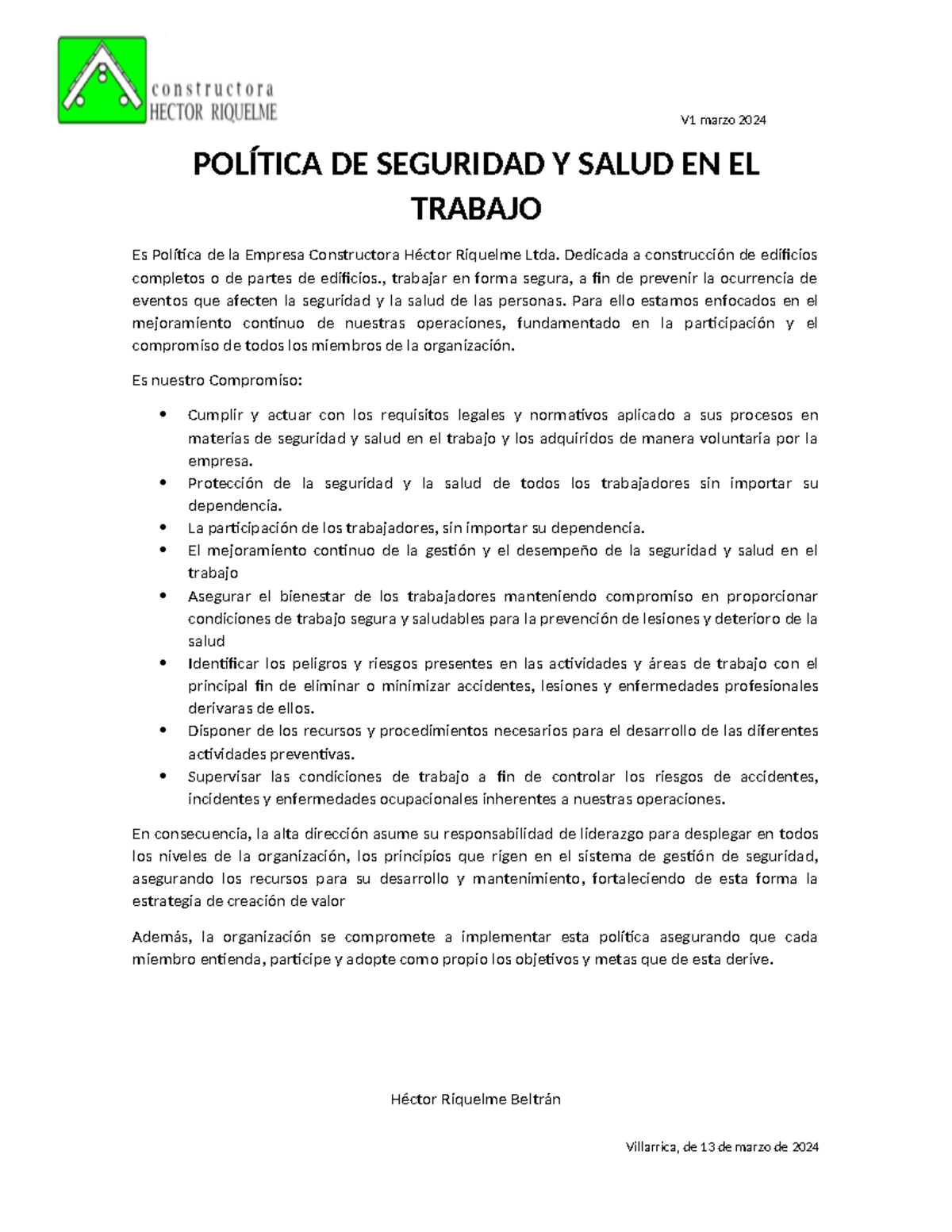 Política de Seguridad y Salud en el Trabajo - V1 marzo 2024 POLÍTICA DE SEGURIDAD Y SALUD EN EL ...
