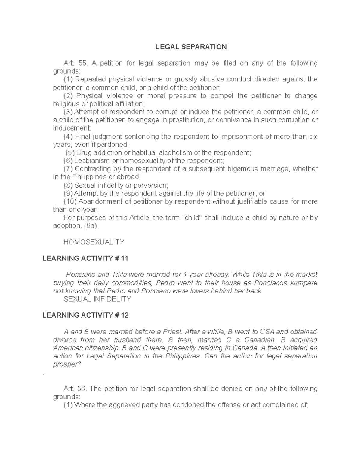 Law Related Studies - LEGAL SEPARATION Art. 55. A petition for legal ...