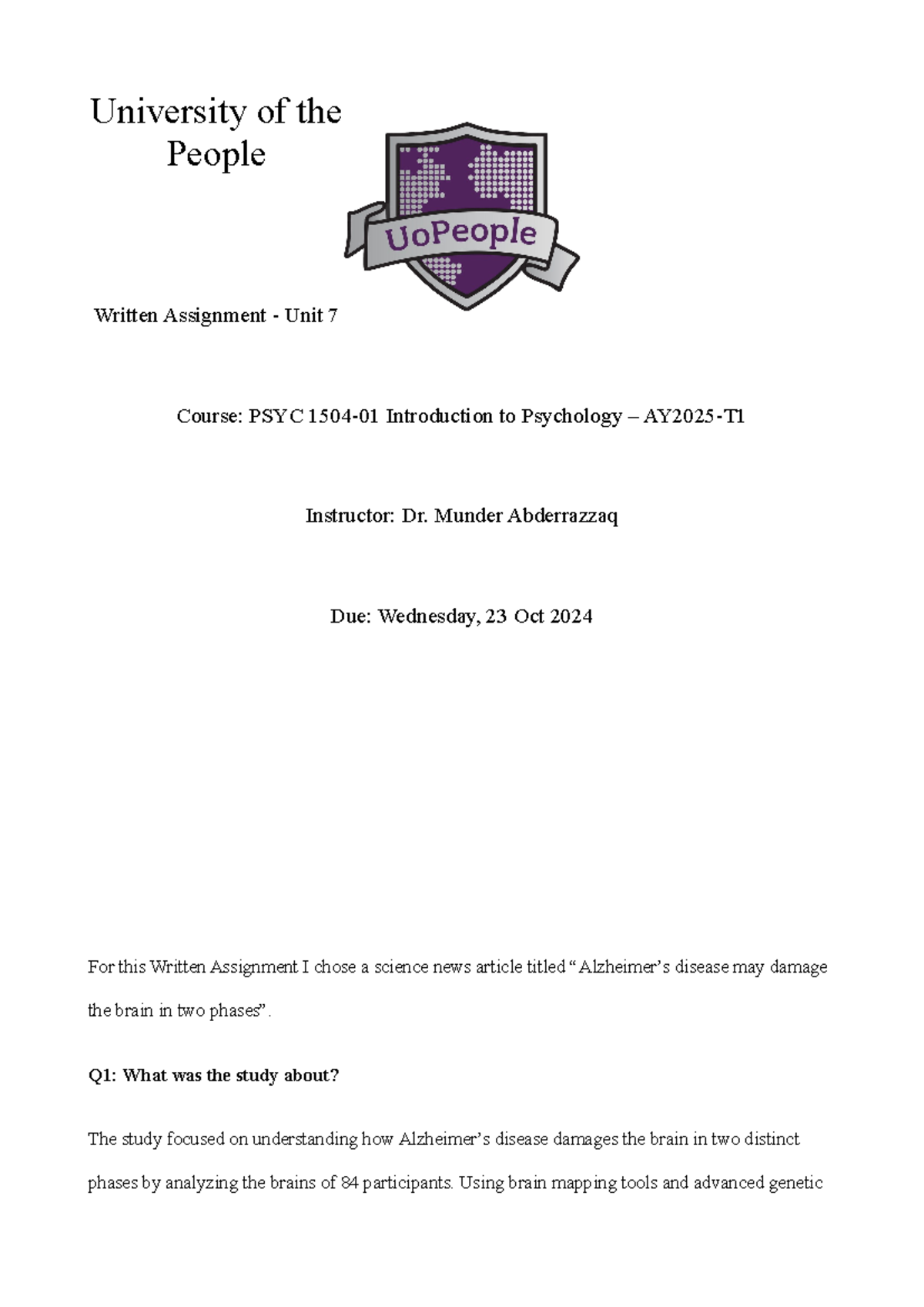 PSYC - Written Assignment - Unit 7 - University of the People Written Assignment - Unit 7 Course ...