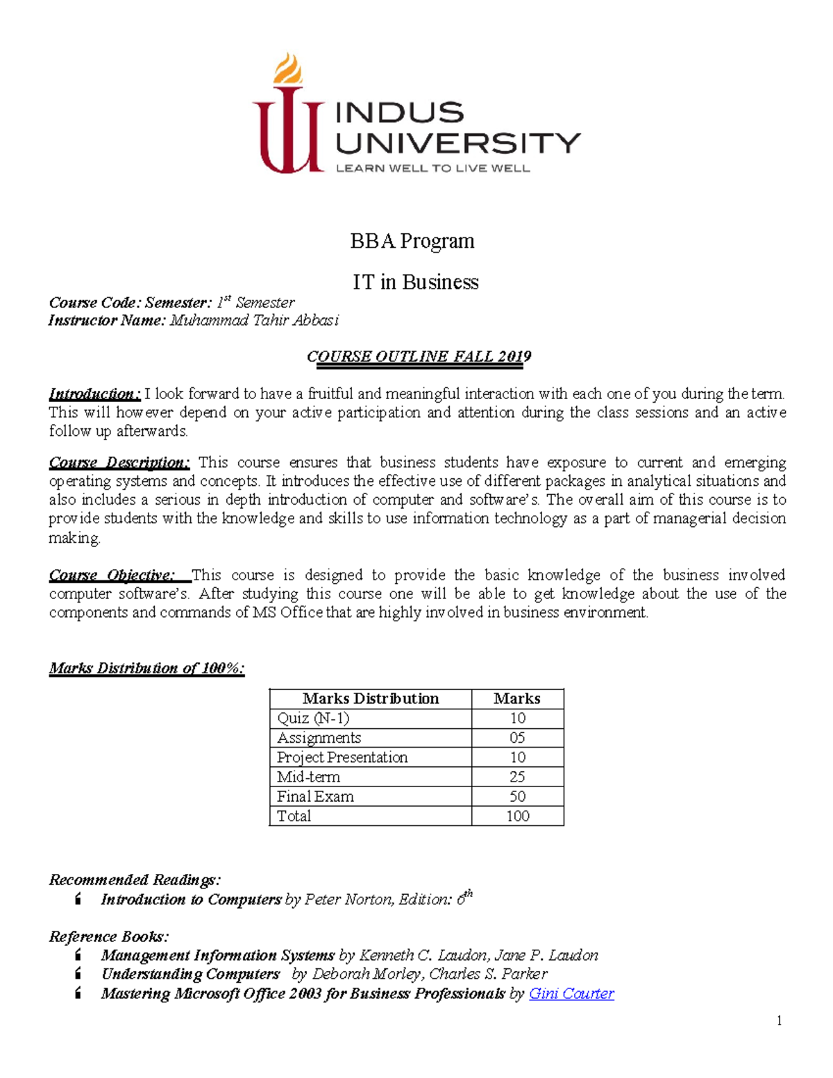 IT in Business Course outline - BBA Program IT in Business Course Code ...