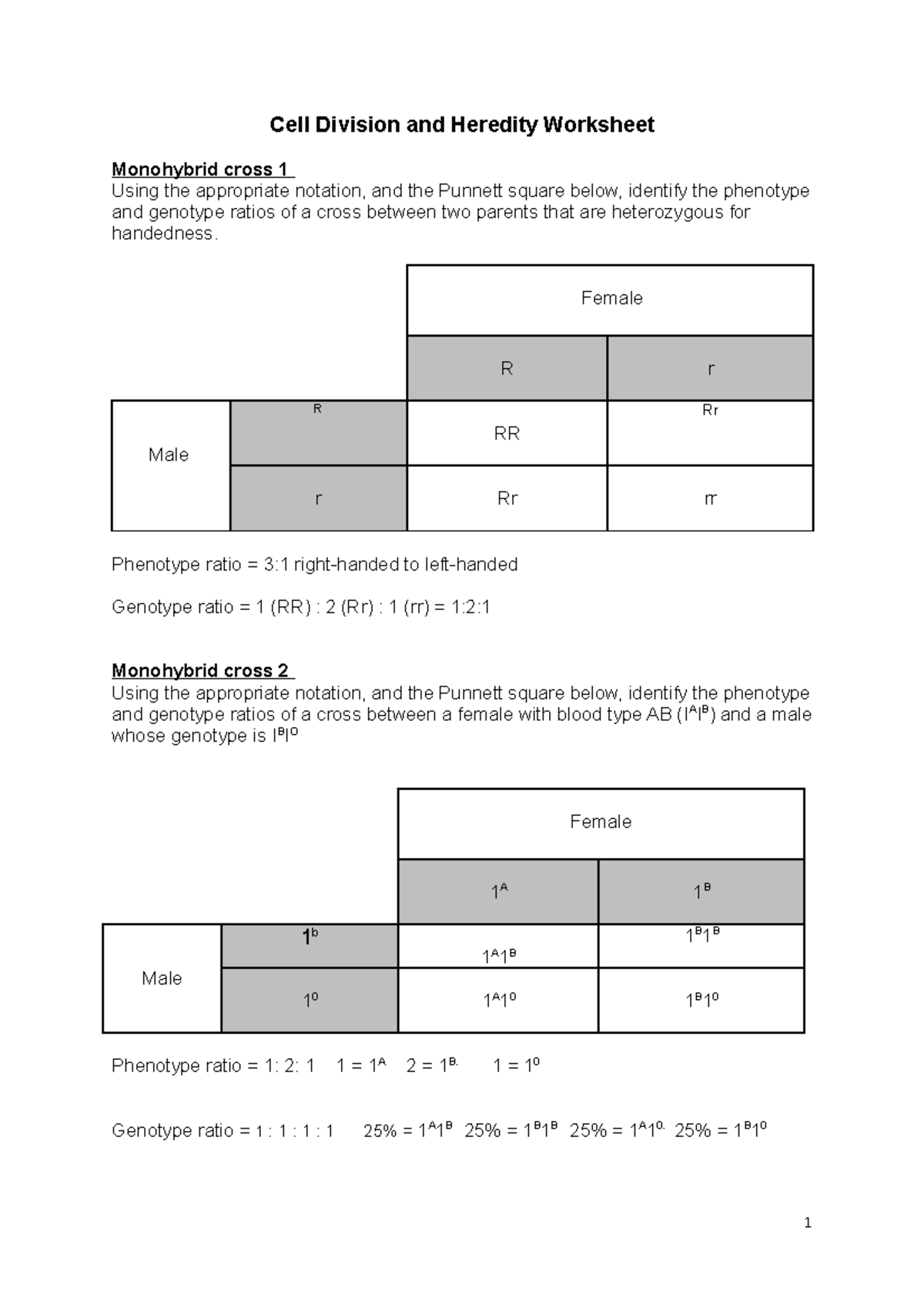 Cell Division and Heredity Work Sheet - Distinction - Cell Division and ...