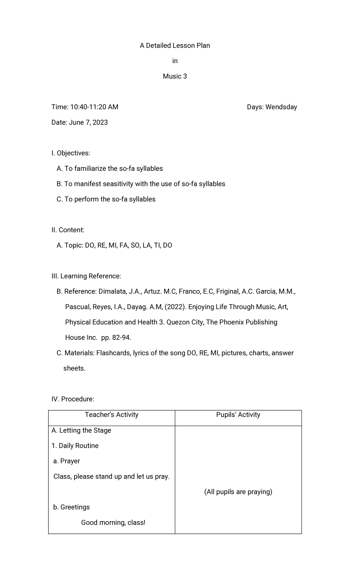Music 3 Explicit Lesson PLAN - A Detailed Lesson Plan in Music 3 Time ...