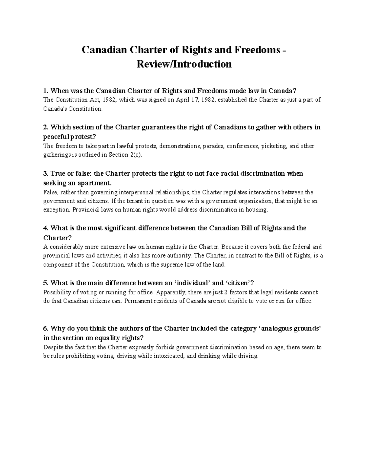Canadian Charter of Rights and Freedoms - Review Introduction - When ...