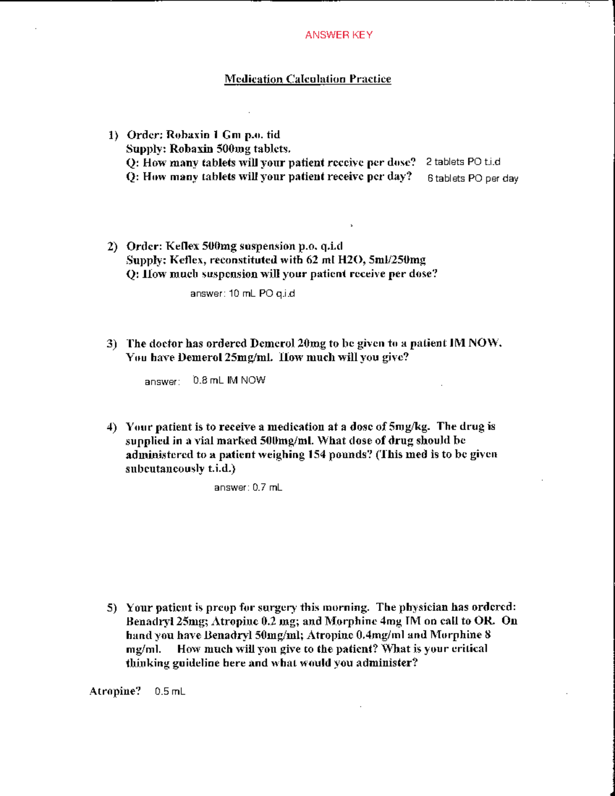 Answer KEY - MED CALC Practice Problems - NUR 1060 - Studocu