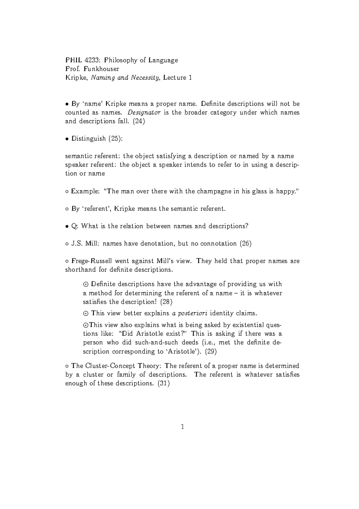 Lecture Notes Kripke Lecture 1 - PHIL 4233: Philosophy of Language Prof ...