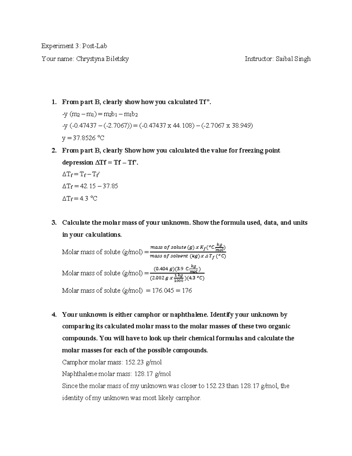 Experiment 3- Post Lab - CHEM 1032 Lab 3 Post Lab Questions Grade: 6/6 ...