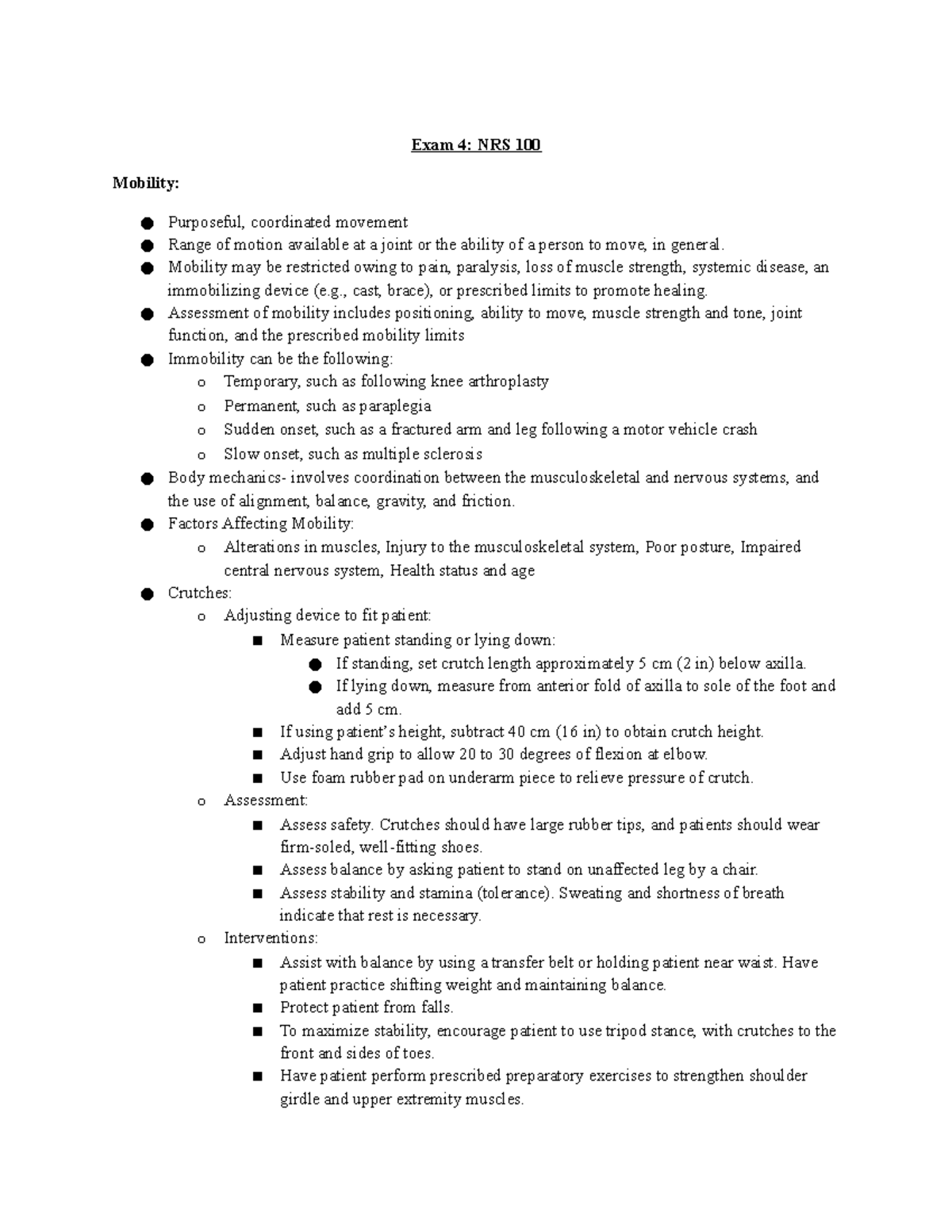 NRS 100 Exam 4 study guide -lydia warner - Exam 4: NRS 100 Mobility ...