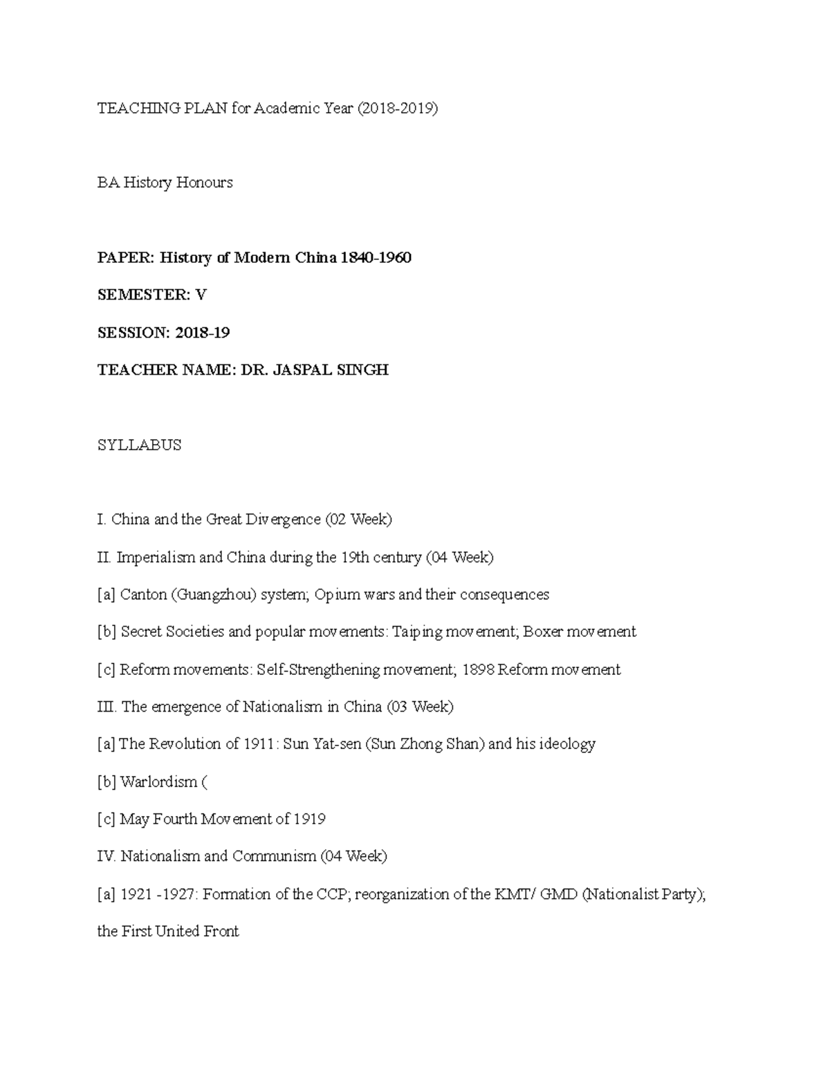 History of Modern China 1840-1960 - TEACHING PLAN for Academic Year ...