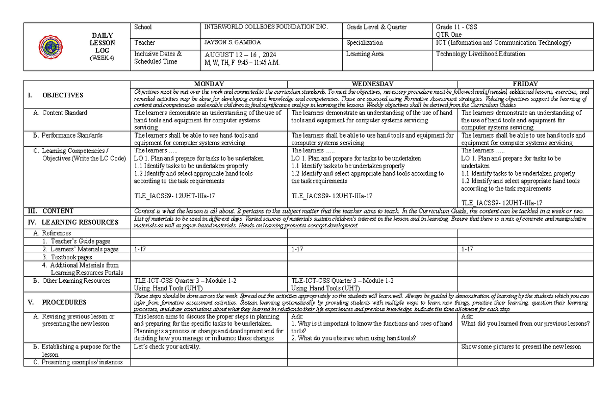 4 dll-css-grade-11 1st- week compress - DAILY LESSON LOG (WEEK 4 ...