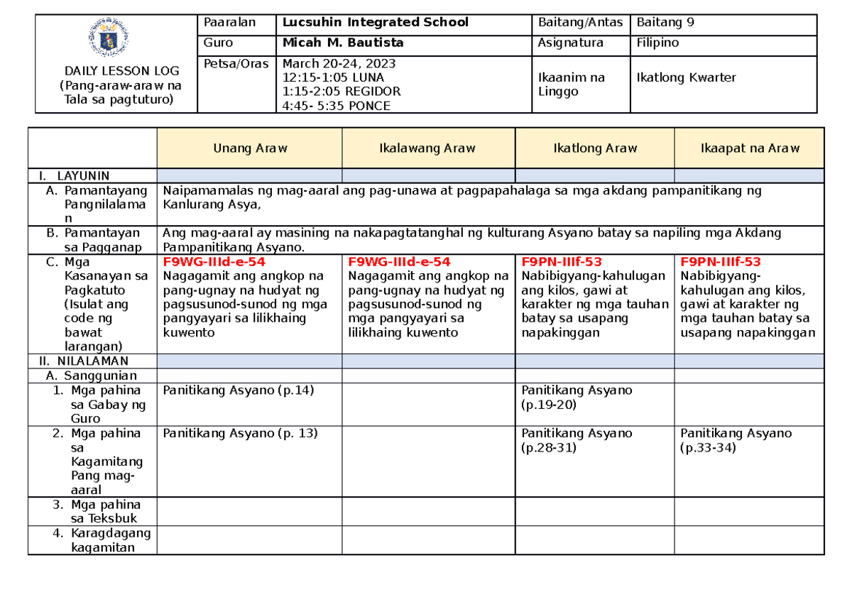 Mmbautista Q3WK6 DLL - Daily lesson Log quarter 3 Filipino - DAILY ...