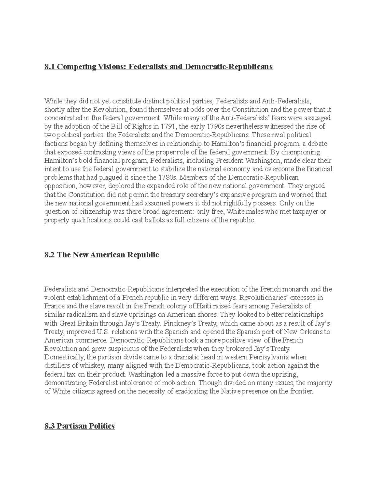 US History Chapter 8 Summary - 8 Competing Visions: Federalists and ...