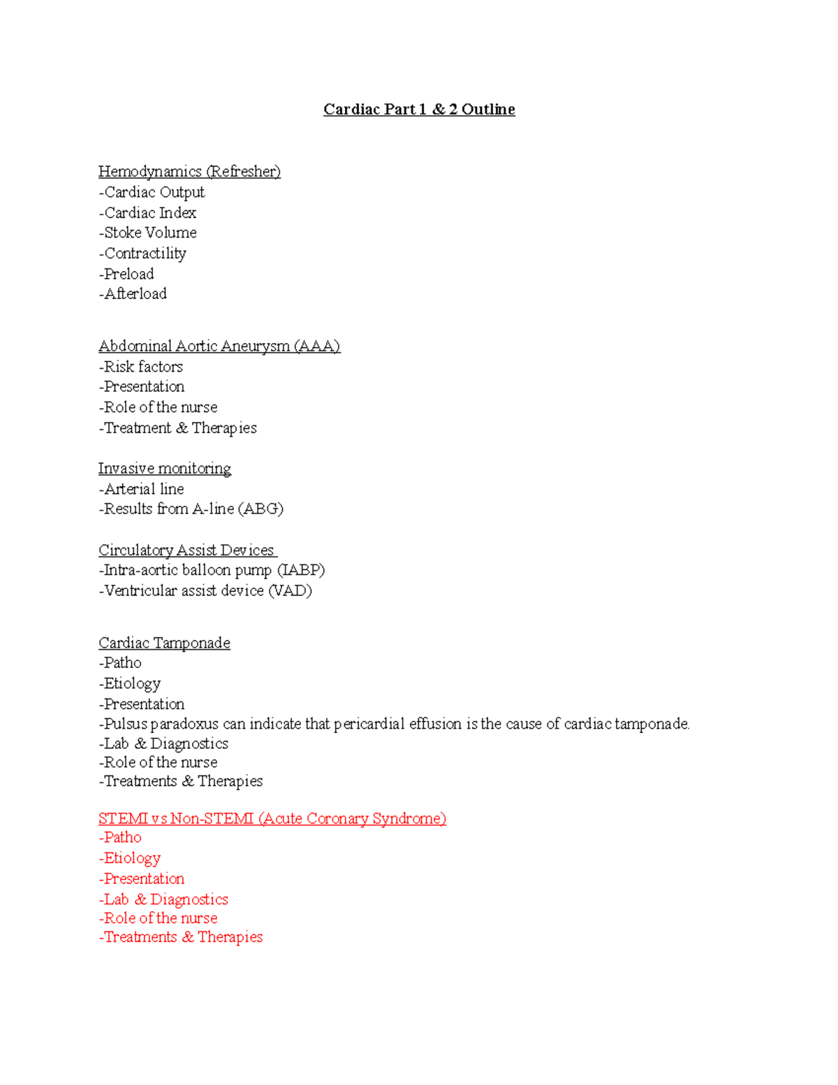 Cardiac outline-2 - Outline - Cardiac Part 1 & 2 Outline Hemodynamics ...