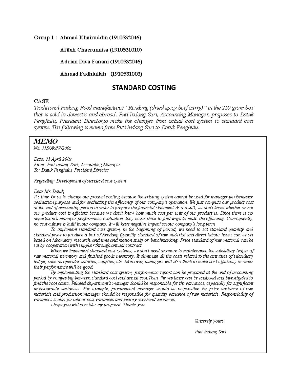 Standard Costing - Group 1 : Ahmad Khairuddin (1910532046) Afifah ...