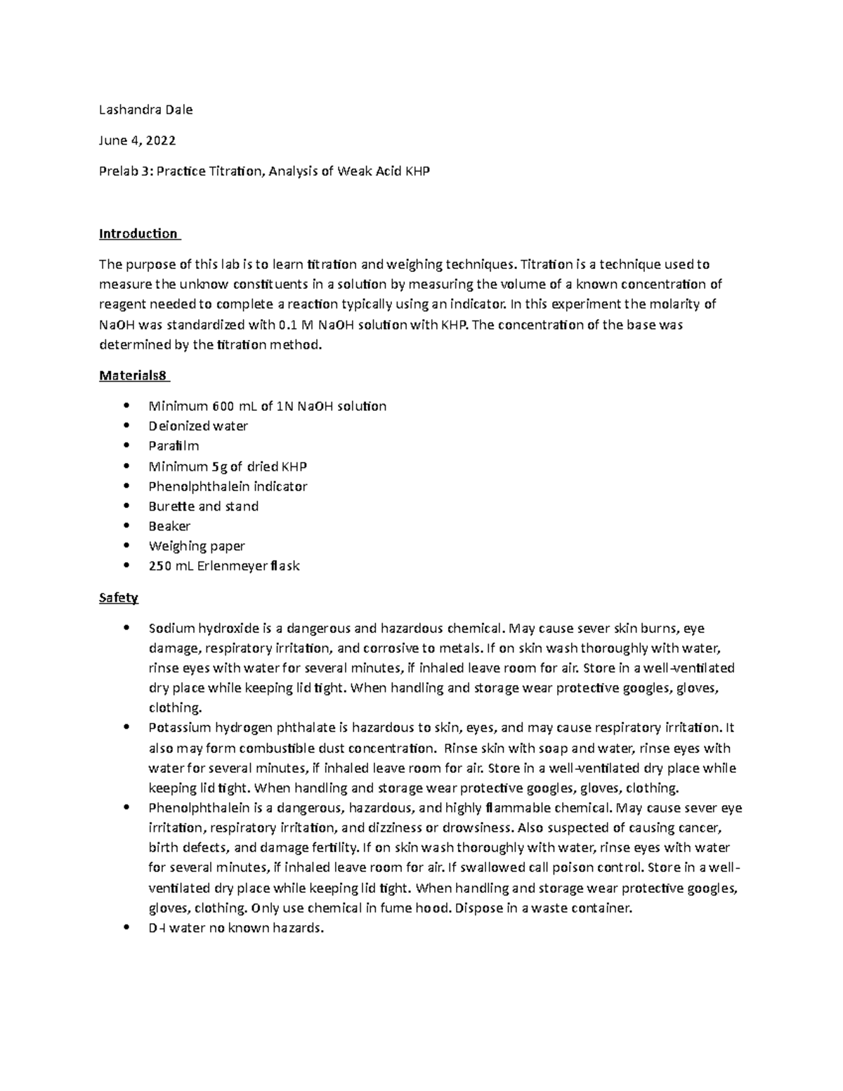 Prelab 3 - pre-lab report - Lashandra Dale June 4, 2022 Prelab 3 ...