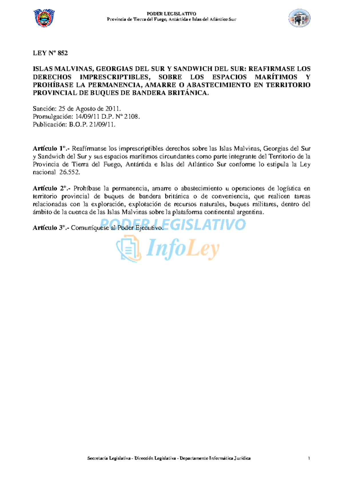 LEYP852 - Hhbbjj - PODER LEGISLATIVO Provincia de Tierra del Fuego ...