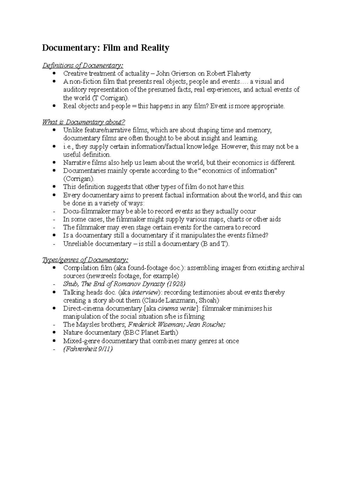 Documentary - Lecture notes 1 - Documentary: Film and Reality ...