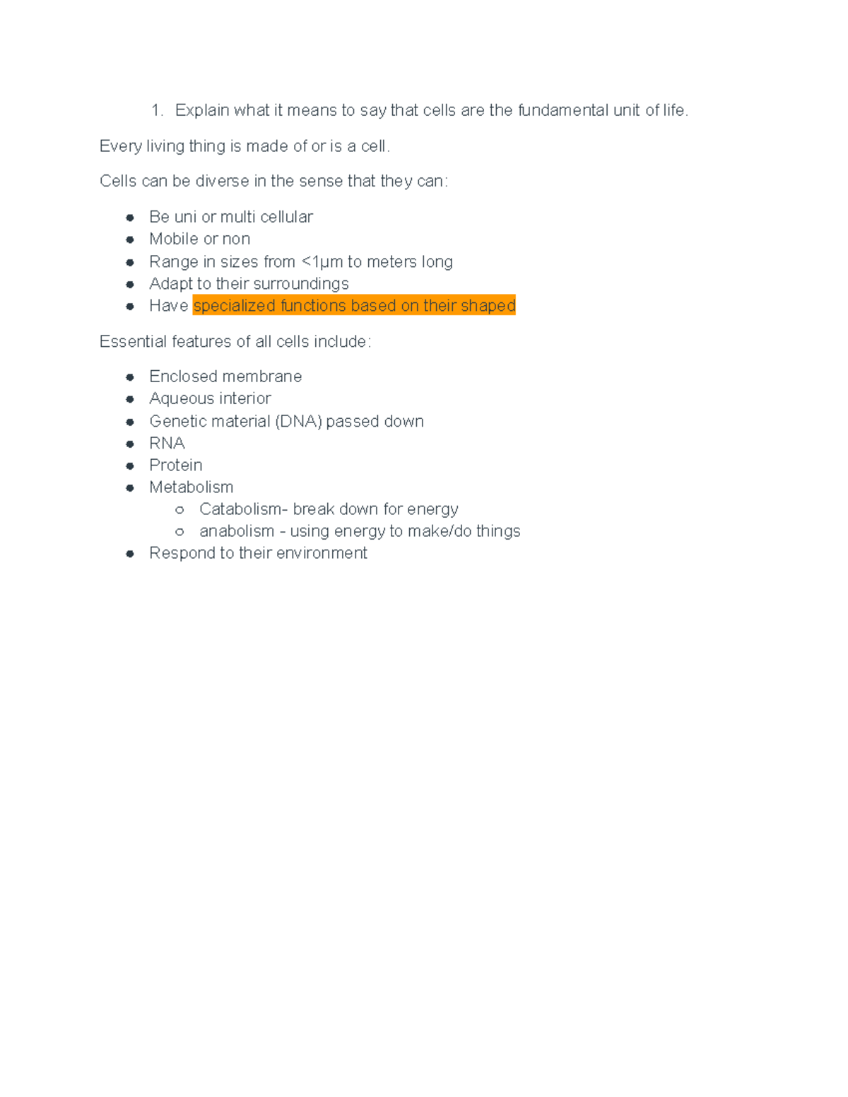 Week One Objectives - Cell Bio-215-Rubbenstein - Explain what it means ...