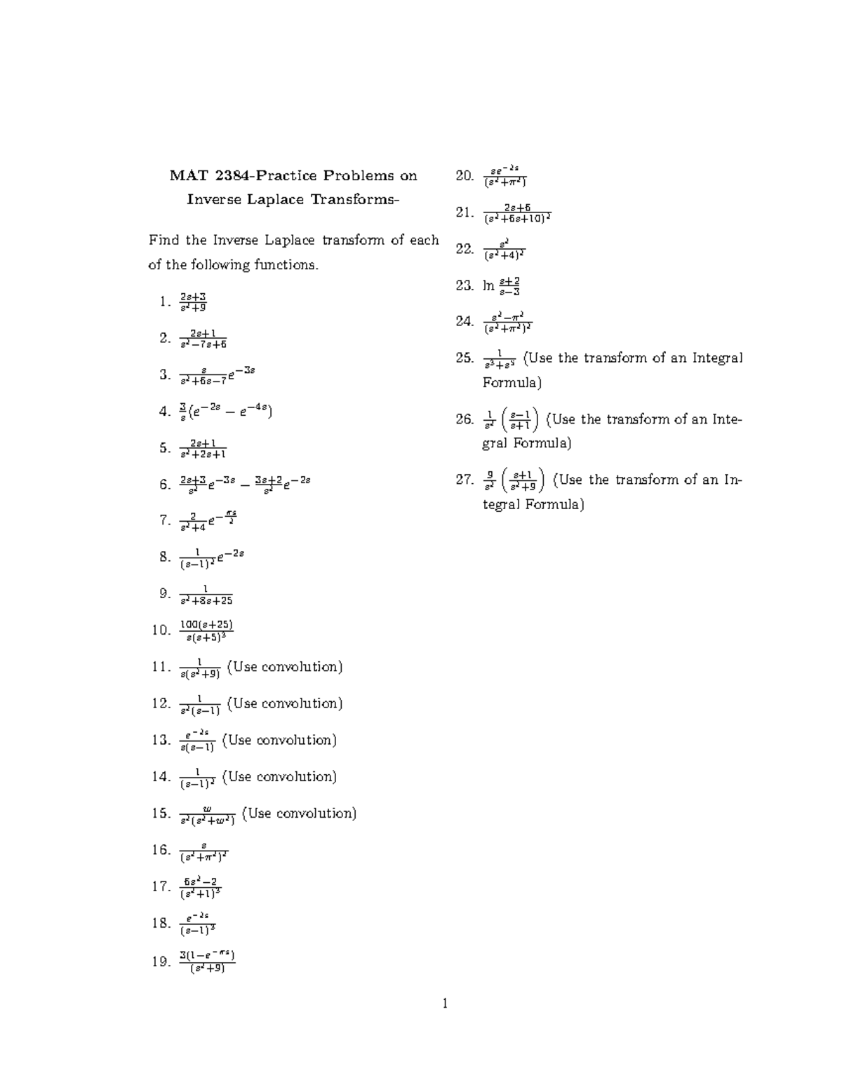 Inverse Laplace - Practice. - MAT 2384-Practice Problems on Inverse ...