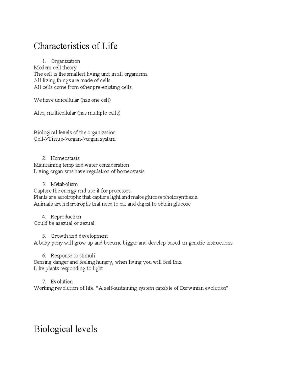 Bio notes - Characteristics of Life Organization Modern cell theory The ...