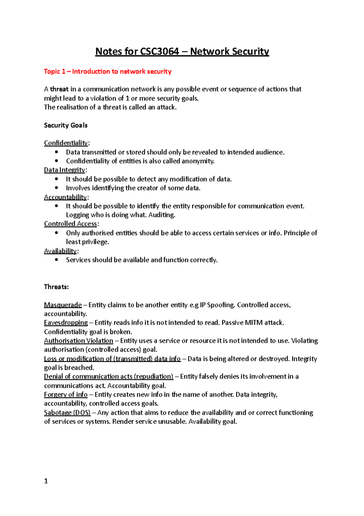 CSC3064 Network Security notes for topics 1, 2 and 3 - Notes for ...