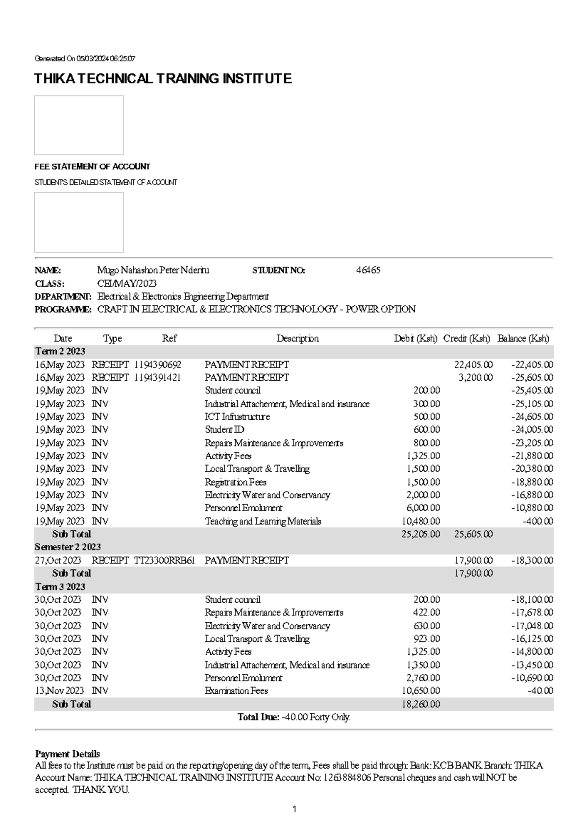 Fee Detail Statement 05 03 2024 06 25 07 - Generated On 05/03/2024 06:25: THIKA TECHNICAL ...