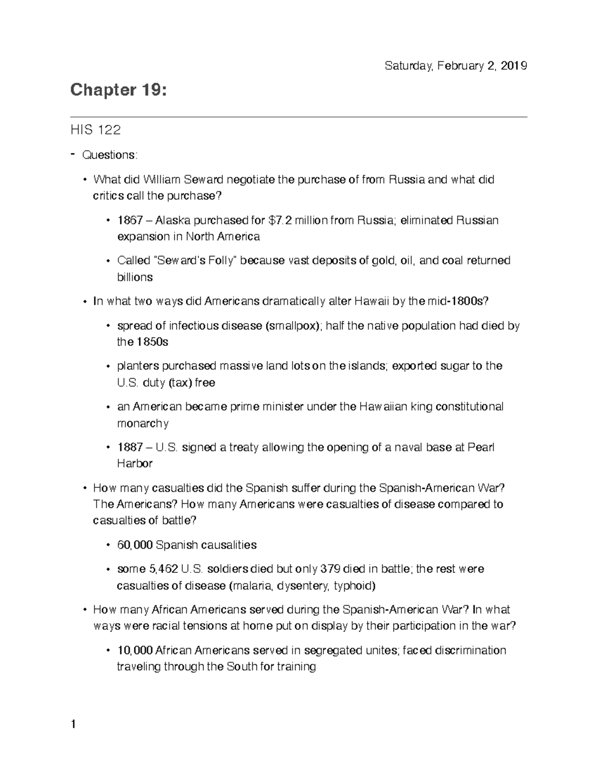 Chapter 19 (History) - Saturday, February 2, 2019 Chapter 19: HIS 122 ...