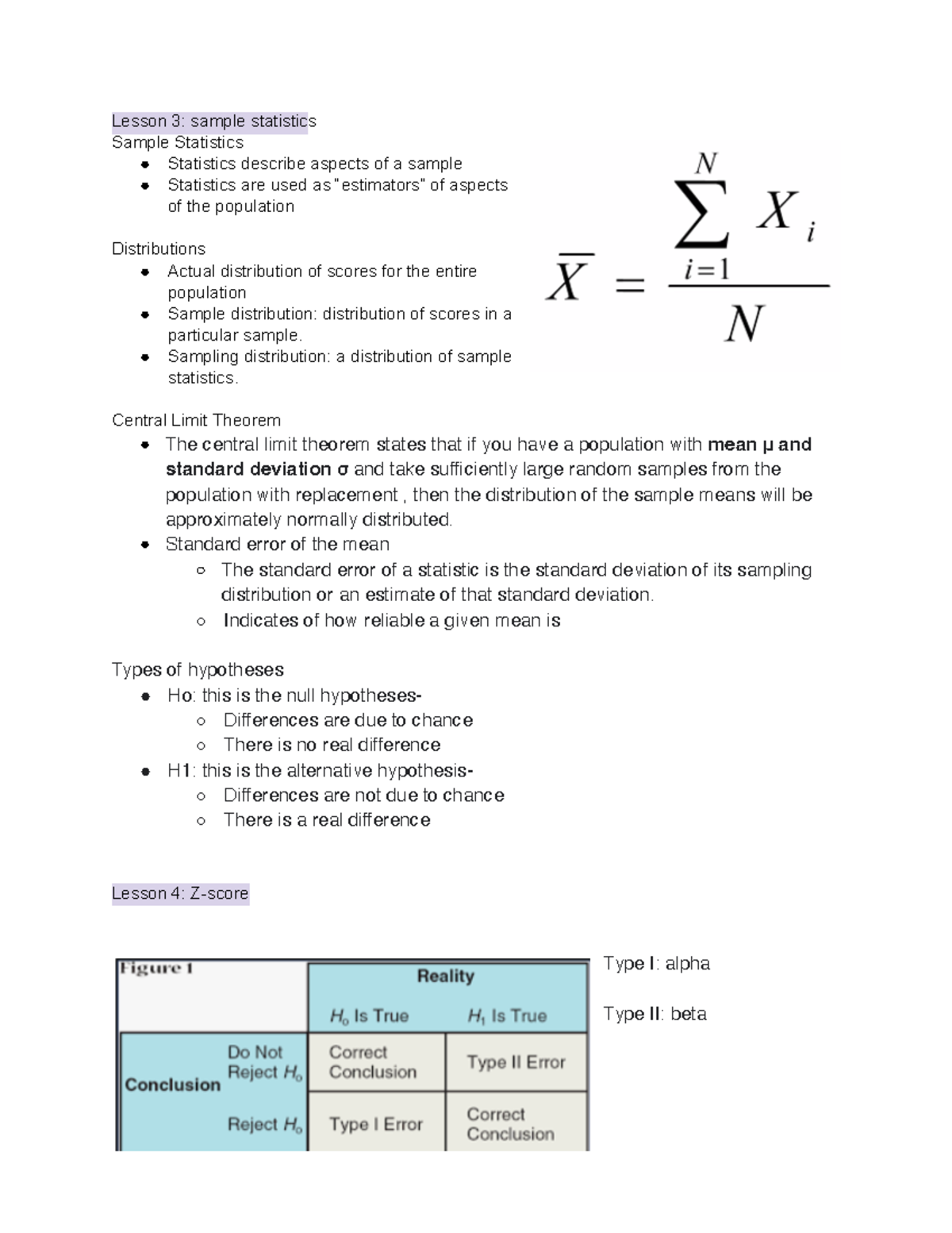 Unit 2 Psych 210 - notes and diagrams - Lesson 3: sample statistics ...