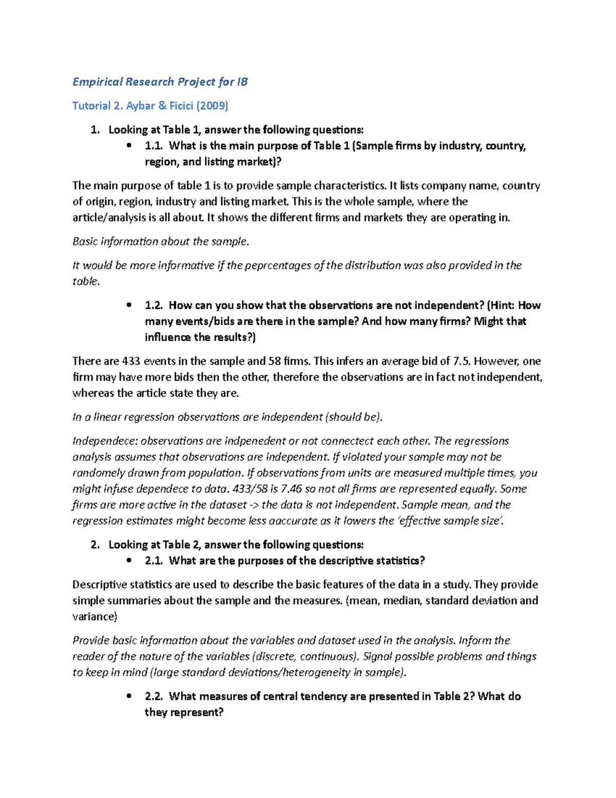 ERP all tutorials questions + answers - Empirical Research Project for IB - RUG - Studeersnel